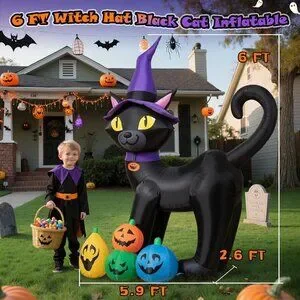 Holiday | 6 Ft Halloween Inflatable Black Cat With Witch Hat And 4 ...